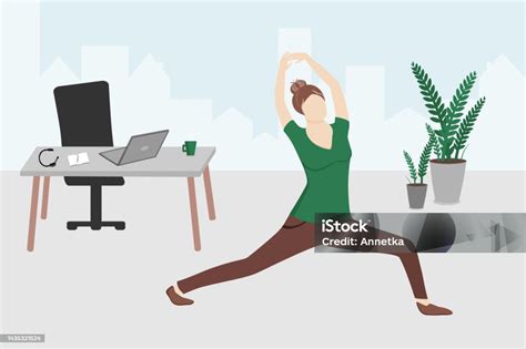 사무실에서 직장에서 스트레칭하는 젊은 여성 스포츠 운동을하는 여성 직원은 커피 브레이크 중에 다리와 팔을 뻗습니다 원격 작업 휴식 작업 개념 사무실에 대한 스톡 벡터 아트