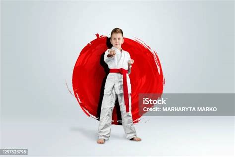 빨간 원 배경에 빨간색 벨트가달린 흰색 기모노를 입은 소년의 전체 길이 초상화 가라데 개념 훈련 목표 훈련 성취 운동에 대한