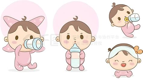 喝奶瓶ai数字艺术 母乳喂养元素卡通手绘风温馨婴儿喝奶瓶兔耳朵发饰粉色连体衣插画 Ai平面元素免费下载 Png格式 4368像素 编号