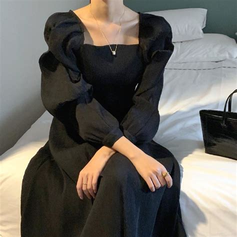 골드프린 스퀘어넥 롱 원피스 퍼프 핀턱 벌룬 블랙 드레스 연말룩 파티룩 하객룩
