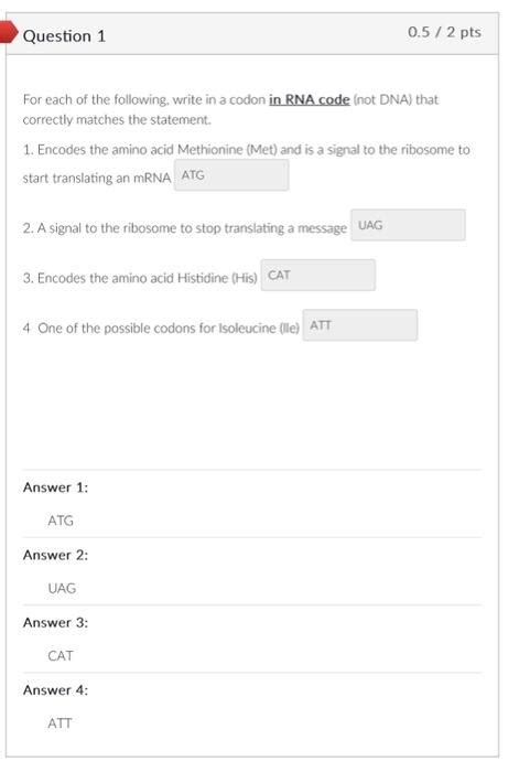Solved For Each Of The Following Write In A Codon In RNA Chegg
