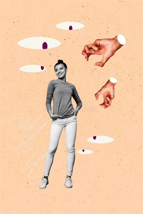Art Image Vertical Photo Collage Of Happy Girl Stand Eyeball Stare