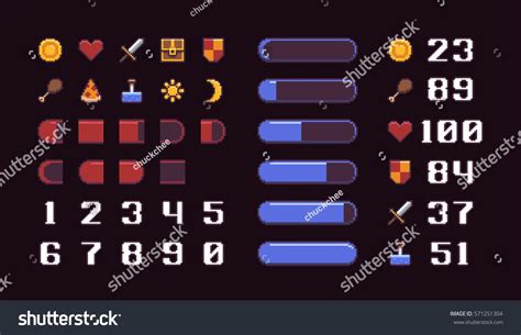 Pixel Art Game Interface Elements Icons Loading Progress Bars And
