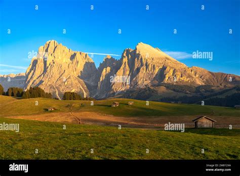 View Over Seiser Alm Alpe Di Siusi South Tyrol In Golden Evening