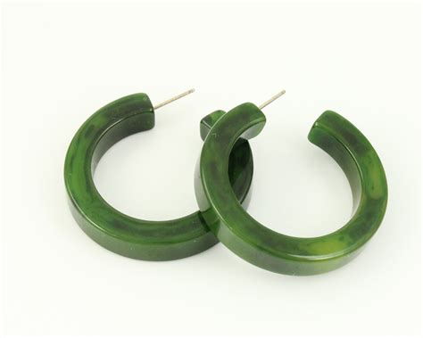 Vintage Dark Green Marbled Bakelite Hoop Earrings 1940s Green Bakelite