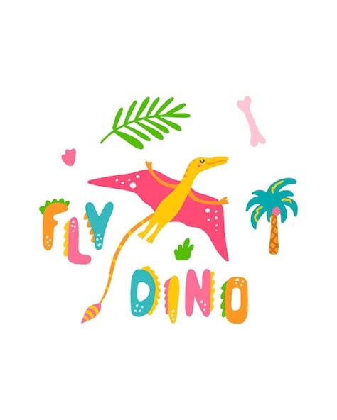 귀여운 공룡 아기 프린트 람포린쿠스ramphorhynchus는 손으로 쓴 플라이 디노fly Dino가 있는 평평한 손으로