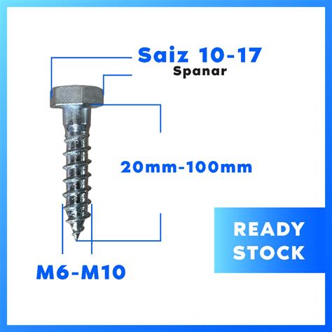 M6 M8 M10 Lag Screw Coach Screw Log Screw Skru Kayu Shopee Malaysia