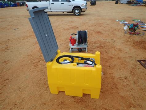 50 Gallon Plastic Fuel Tank W Pump And Hose J M Wood Auction Company Inc