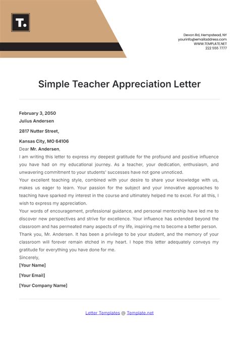 Free Simple Teacher Appreciation Letter Template To Edit Online