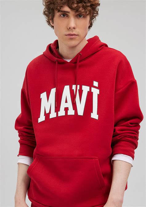 Mavi Logo Baskılı Kapüşonlu Kırmızı Sweatshirt - Mavi