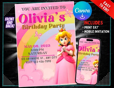 Princess Peach Birthday Invitation Peach Birthday Party Invitation