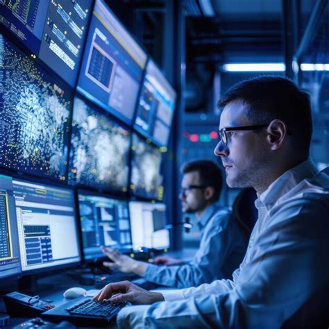 Engineers Working In A Control Room Monitoring Network Infrastructure Soft Controlled Light