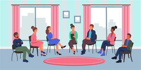 심리학자의 약속에서 남성과 여성 그룹 치료의 개념 그룹에서 일하는 설문 조사 사람들은 반원에 의자에 앉아있다 플랫 만화 벡터