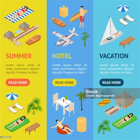 해변 휴가 배너 Vecrtical 세트 3 차원 Isometric 보기 벡터 입체 이미지에 대한 스톡 벡터 아트 및 기타 이미지 입체 이미지 해변 개념 Istock