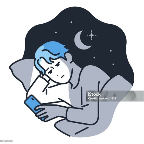 한밤중에 스마트 폰을 보고있는 젊은이의 간단한 벡터 일러스트 레이션 자료 불안에 대한 스톡 벡터 아트 및 기타 이미지 불안