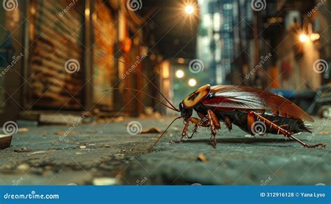 Pavement Crawling Cockroach Under City Lights A Common Urban Insect