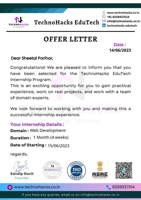 Sheetal Parihar On Linkedin Technohacks Technohacksedutech Webdevelopment Intern