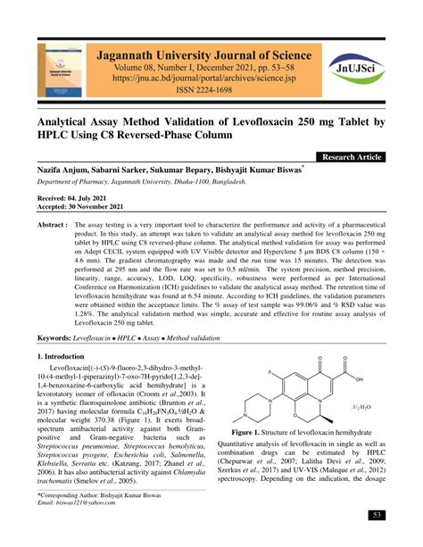 Pdf Analytical Assay Method Validation Of Levofloxacin 250 Mg Tablet By Hplc Using C8 Reversed