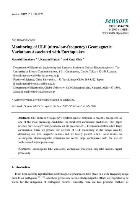 Pdf Monitoring Of Ulf Ultra Low Frequency Geomagnetic Variations Associated With Earthquakes