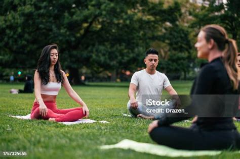 공원에서 다양한 그룹의 사람들과 함께하는 요가 세션 훈련생에게 요가 자세를 보여주는 트레이너 20 24세에 대한 스톡 사진 및