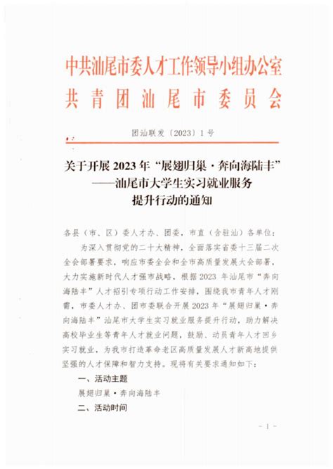 青年发展 “展翅归巢·奔向海陆丰”汕尾市大学生实习就业服务提升行动信息岗位