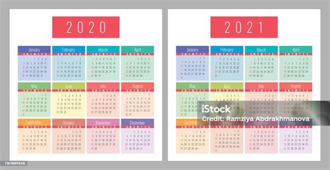 달력 2020 2021 정사각형 벡터 캘린더 디자인 템플릿입니다 영어 다채로운 세트입니다 주일요일에 시작됩니다 연말연시 0명에