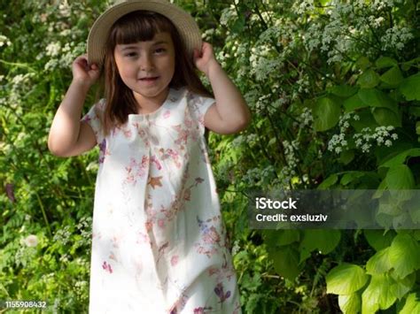 예쁜 어린 소녀가 꽃을 따고 있습니다 밀짚 모자를 쓴 햇볕이 잘 드는 아이가 초록색 숲에서 민들레를 따고 있다 여름 소녀입니다 귀여운에 대한 스톡 사진 및 기타 이미지