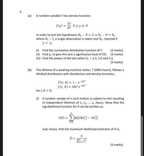 solved 3 a a random variable y has density function 2y