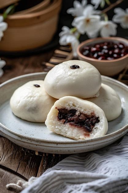 Premium Photo Bite Of Tradition Plate Of Steamed Red Bean Buns Doushabao