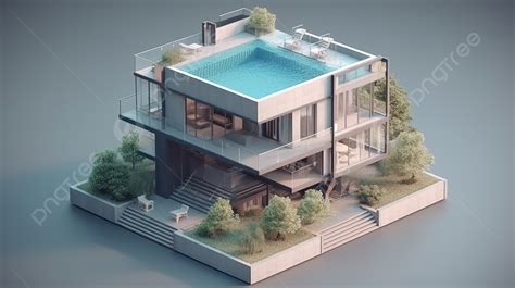 외부에 대형 수영장이 있는 현대식 주택의 3d 모델이 표시됩니다 지상 위의 아이소메트릭 거주지 그림의 3d 렌더링 고화질 사진 사진 배경 일러스트 및 사진 무료 다운로드