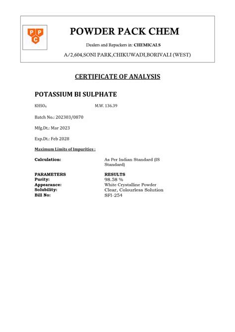Bio Tech Grade Potassium Bisulphate Chemical 98 50kg Bag At ₹ 125kg In Mumbai