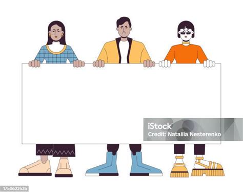 빈 포스터 플랫 라인 컬러 벡터 문자를 들고 있는 다국적 사람들 2차 도형에 대한 스톡 벡터 아트 및 기타 이미지 2차 도형 Revolution 가공의 인물 Istock