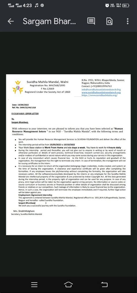 Sargam Bhardwaj On Linkedin Hrintern Internship Suvidhamahilamandal