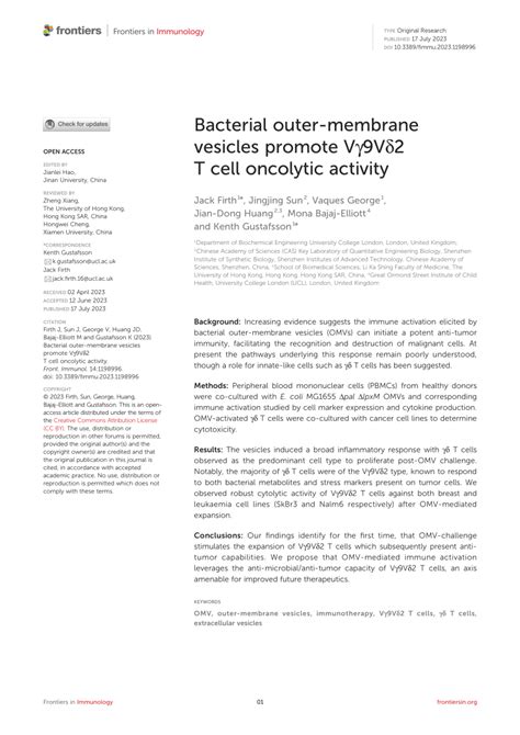 Pdf Bacterial Outer Membrane Vesicles Promote Vγ9vδ2 T Cell Oncolytic