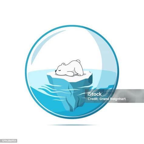 크리스탈 볼 안에 빙산에 누워 있는 아기 북극곰의 그림 파란색 배경에서 격리 겨울에 대한 스톡 벡터 아트 및 기타 이미지