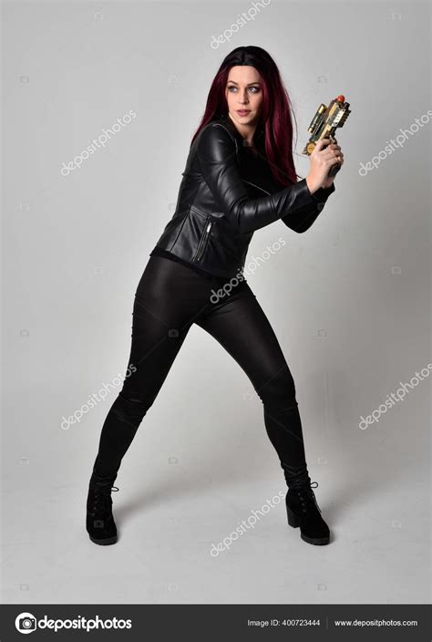 Full Length Portrait Girl Red Hair Wearing Black Leather Jacket Stock