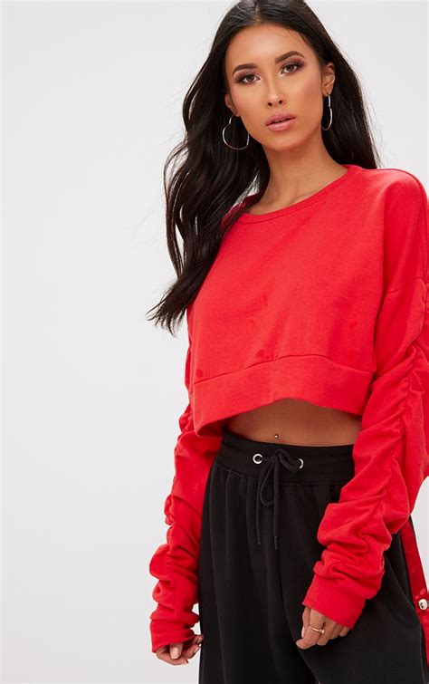 Red Ruched Sleeve Oversized Cropped Sweater Tops Prettylittlething