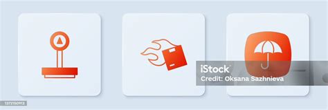 우산으로 판지 골판지 상자 스케일 및 배달 패키지를 설정합니다 흰색 정사각형 버튼 벡터 경계 표지에 대한 스톡 벡터 아트 및 기타 이미지 Istock