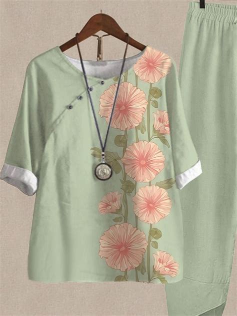 Green Floral Print Casual Two Piece Suits Shirts Women Fashion