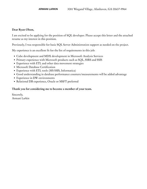 Sql Developer Cover Letter Velvet Jobs