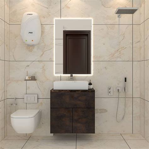 Spacious Bathroom Design With Pastel Shades And Brown Vanity Livspace