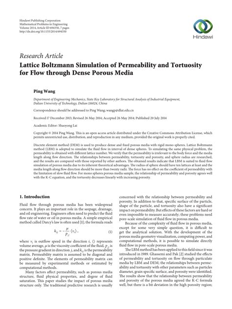 Pdf Lattice Boltzmann Simulation Of Permeability And Tortuosity For