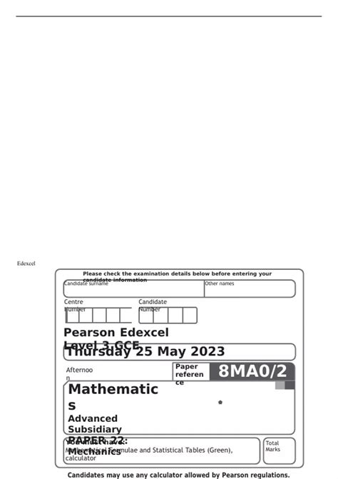 Pearson Edexcel Level 3 Gce Mathematics Advanced Subsidiary Paper 22