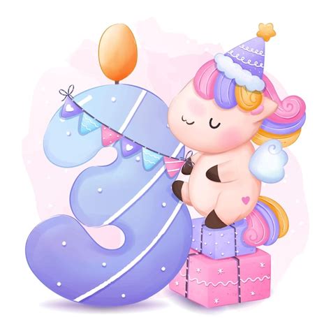 귀여운 유니콘 생일 파티 그림 프리미엄 벡터