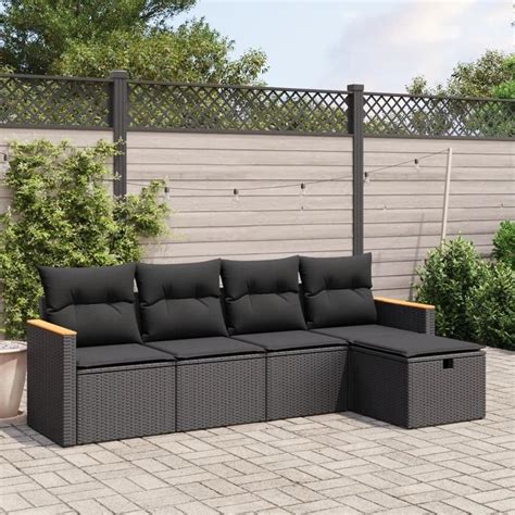 5 Piece Garden Sofa Set With Cushions Black Poly Rattan Vidaxl Black