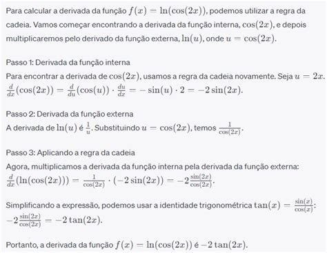 Calcule a derivada da função f x ln cos 2x Matemática