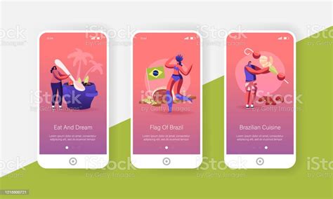브라질 요리 모바일 앱 페이지 온보드 화면 템플릿입니다 작은 사람들 캐릭터 요리와 튀긴 새우를 먹고 쇠고기와 돼지 고기 개념콩의 Feijoada 스튜 만화 벡터