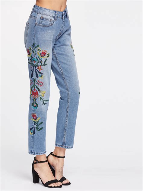 Floral Embroidery Ankle Jeans Shein Sheinside