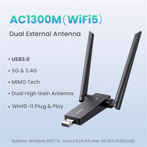 UGREEN WiFi Adapter USB3.0 AC1300Mbps 5G&2.4G Dual-Band USB WiFi for PC ...