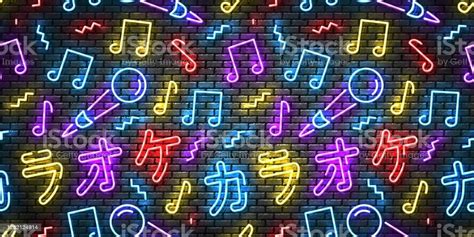 向量現實隔離霓虹燈標誌卡拉ok在日本無縫模式在牆上的網站範本裝飾和壁紙覆蓋向量圖形及更多卡拉ok圖片 卡拉ok 咪高峰 矢量圖